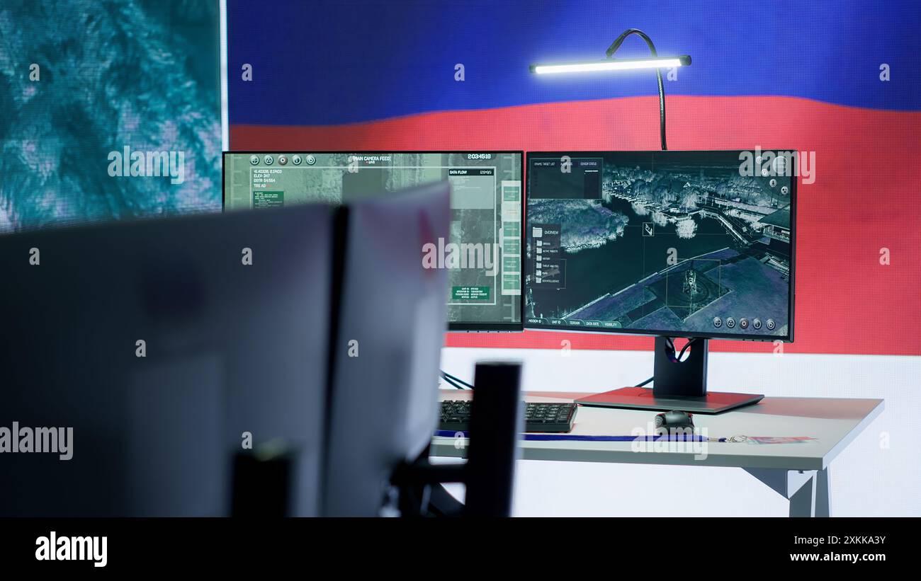 Empty army command center monitoring room agency with the russian flag ...