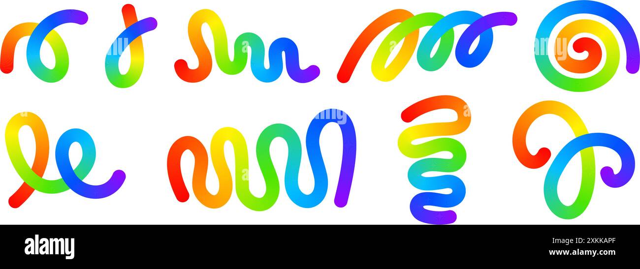 Set of rainbow-colored curvy lines. Multicolored squiggles, spirals and ...