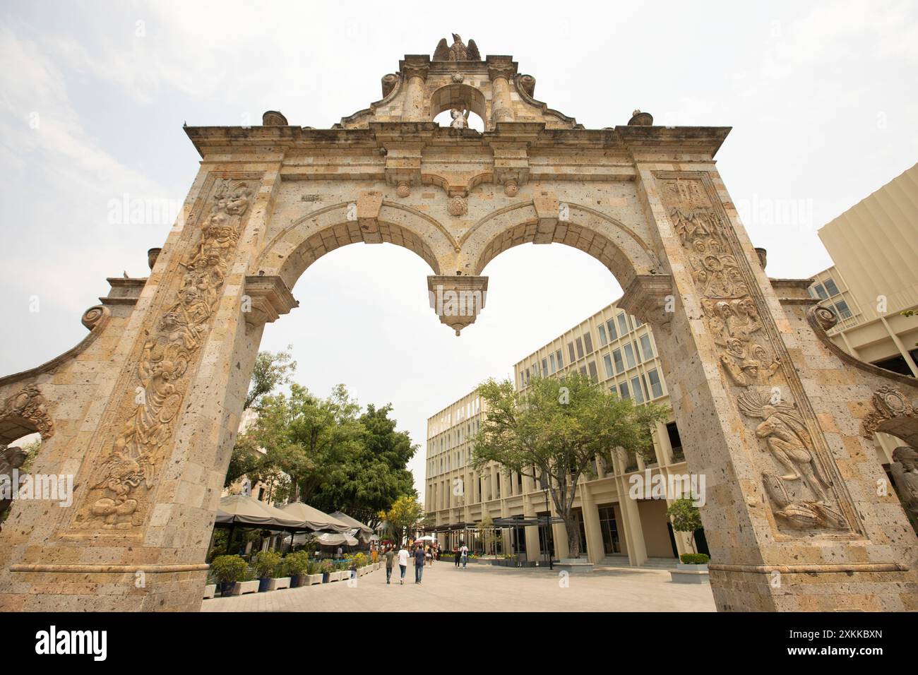 Morning view of the historic gateway arch of central downtown Zapopan ...