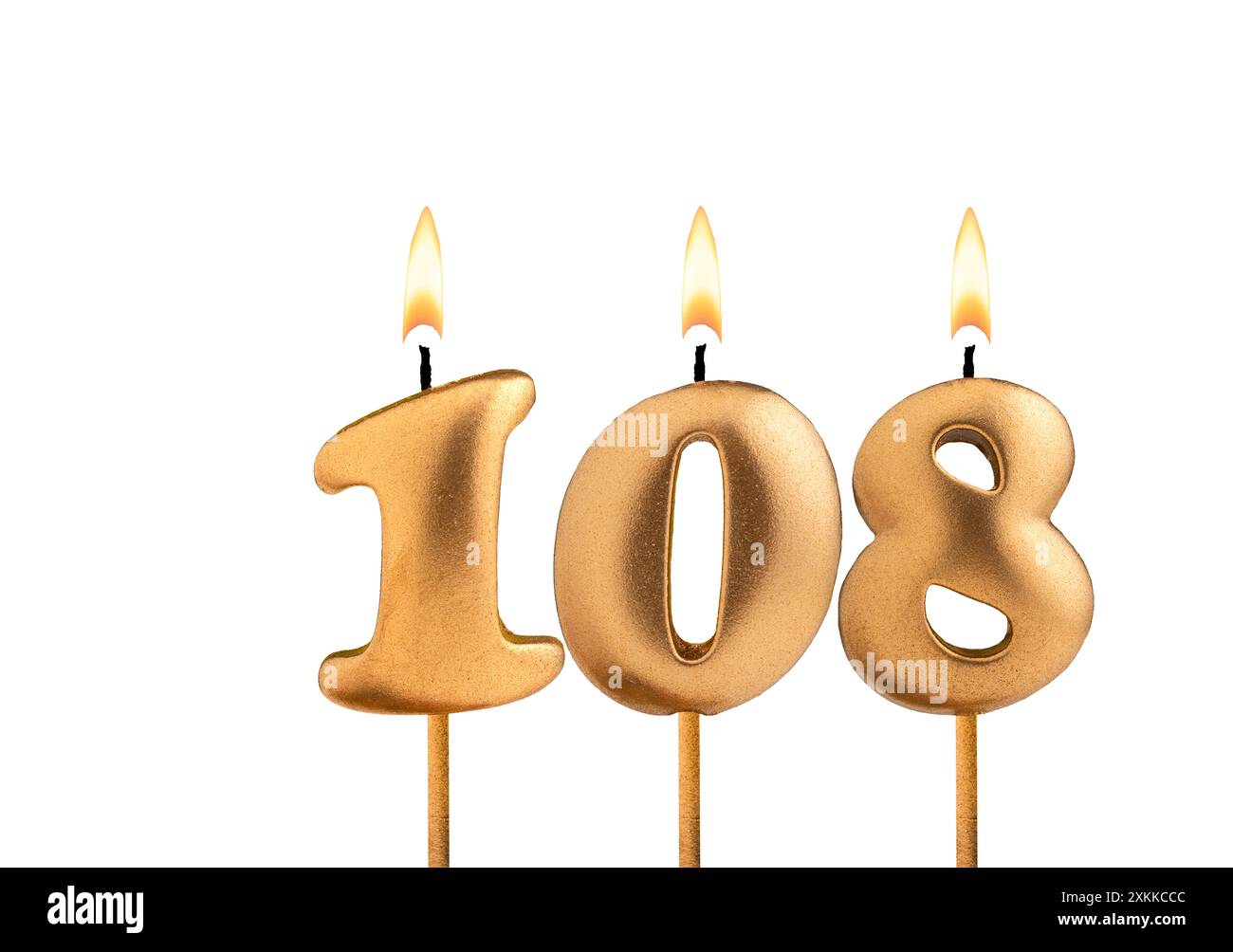 Birthday number 108 - Golden candle on white background Stock Photo - Alamy