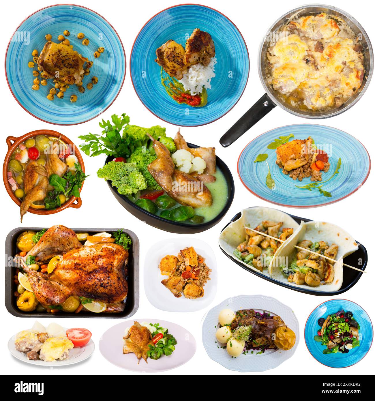 Set with dishes of delicious fried chicken with greens, garnish and ...