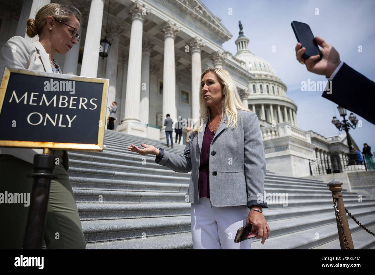 Rep. Marjorie Taylor Greene (R-Ga.) speaks with reporters outside the U ...