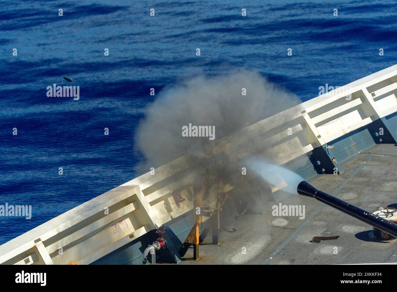 A projectile fired from the 57mm MK-110 turret mounted gun from the Legend-class cutter USCGC ...