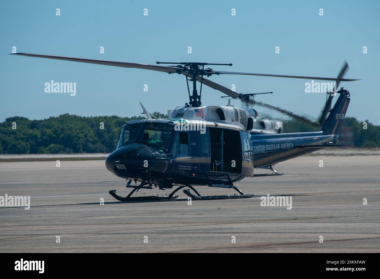 A UH-1N Huey helicopter prepares to lift off from Joint Base Andrews ...