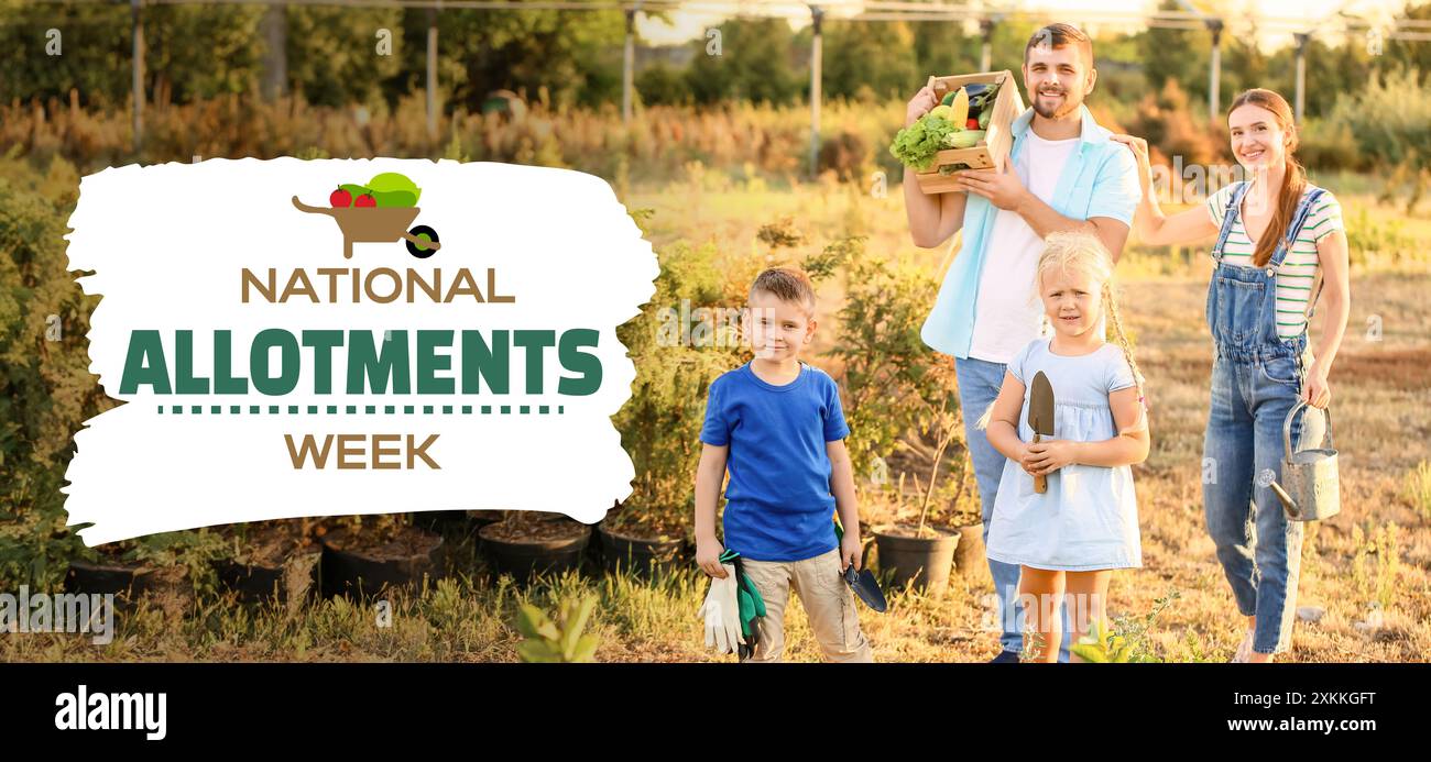 Banner for National Allotments Week with young family with harvest in ...