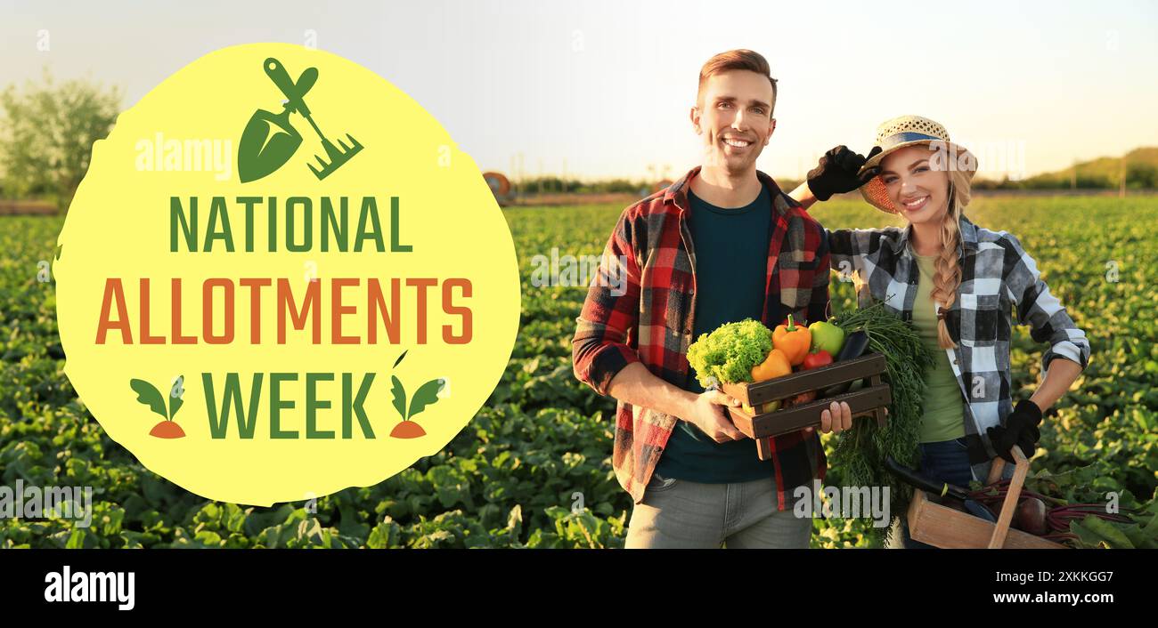 Banner for National Allotments Week with young farmers with harvest in ...