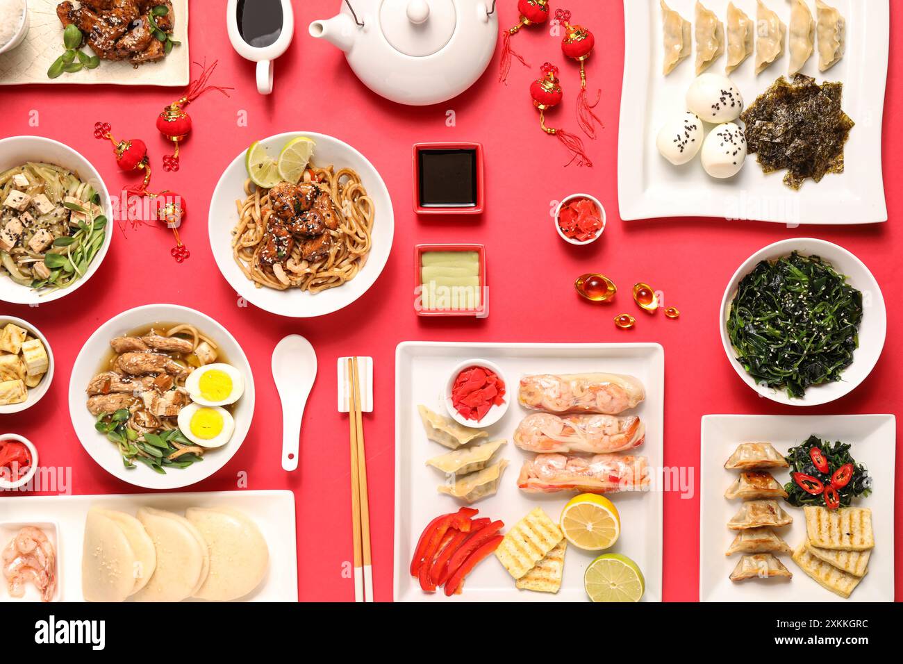 Composition with different Chinese food on red background Stock Photo ...