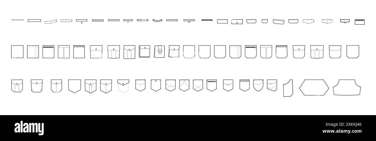 Set of Pockets for clothes - welt, jetted, patch, Square, tab, Rounded ...
