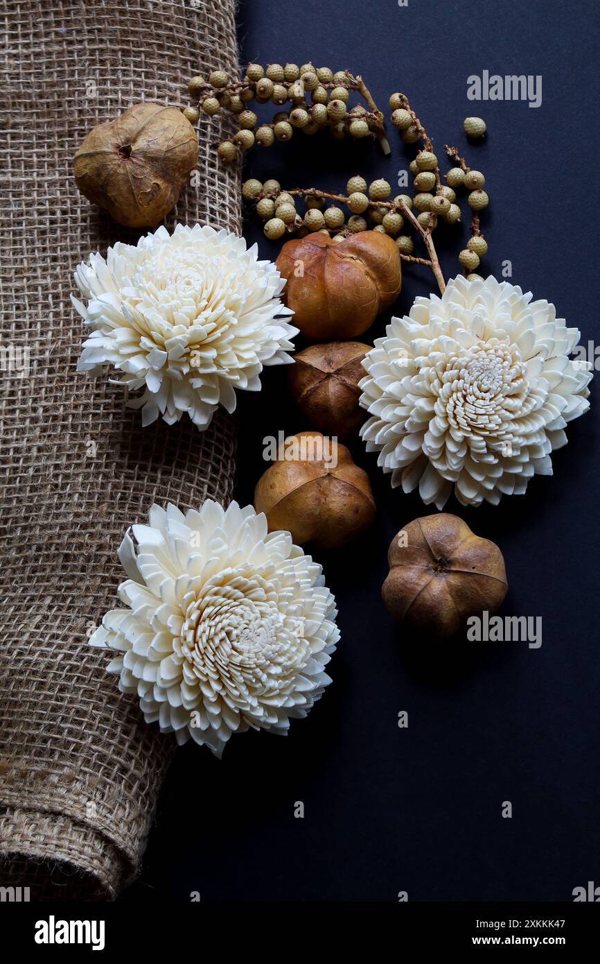 Decorative dried flowers, seed pods, and branches on dark background ...