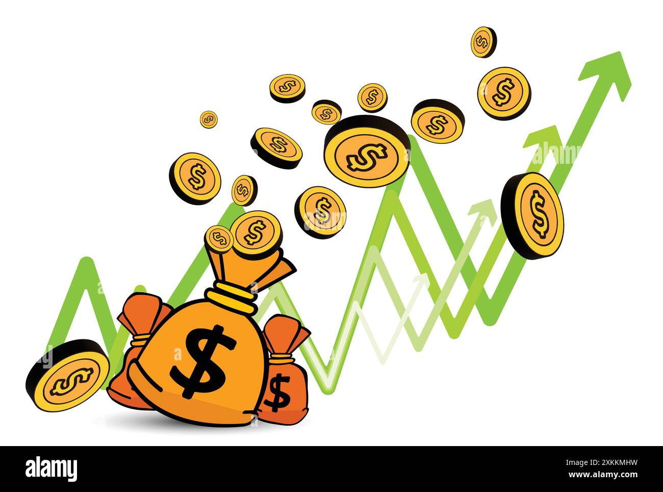 Money bag collecting falling dollar coins on blue background Stock ...