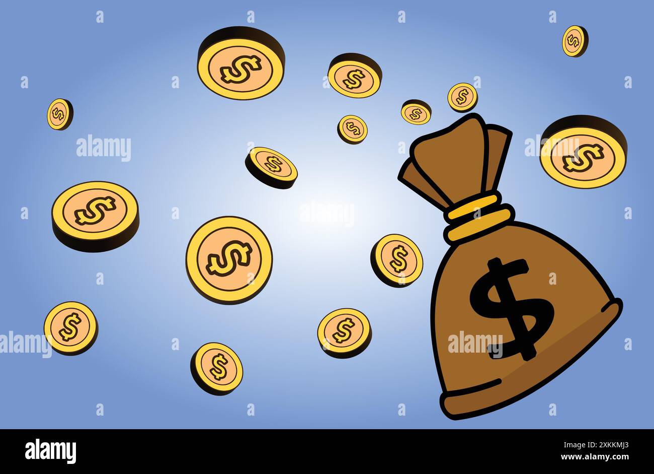 Money bag collecting falling dollar coins on blue background Stock ...
