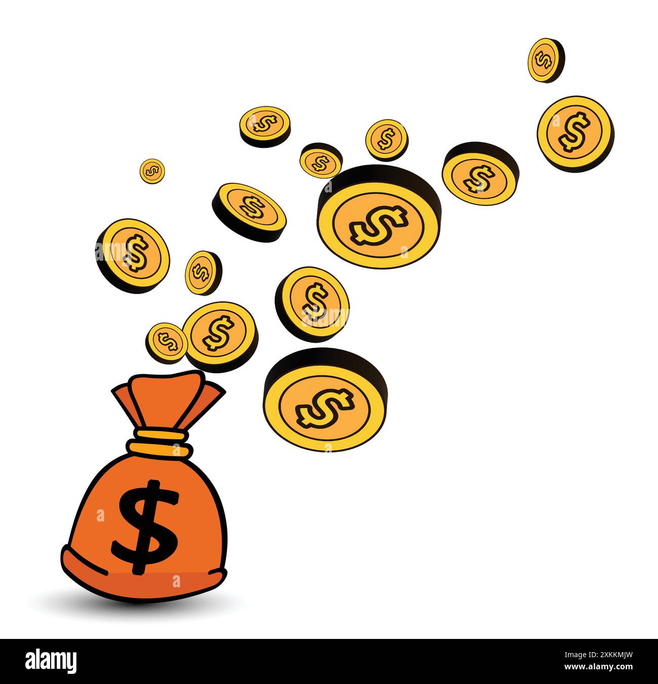 Money bag collecting falling dollar coins on blue background Stock ...