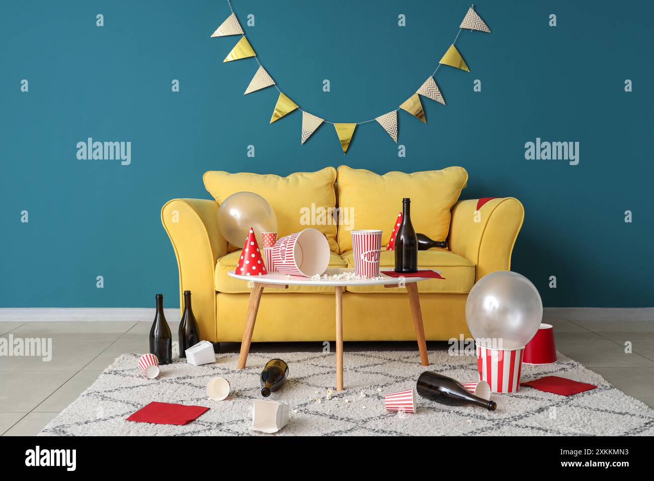 Interior of messy living room after Birthday celebration with sofa ...