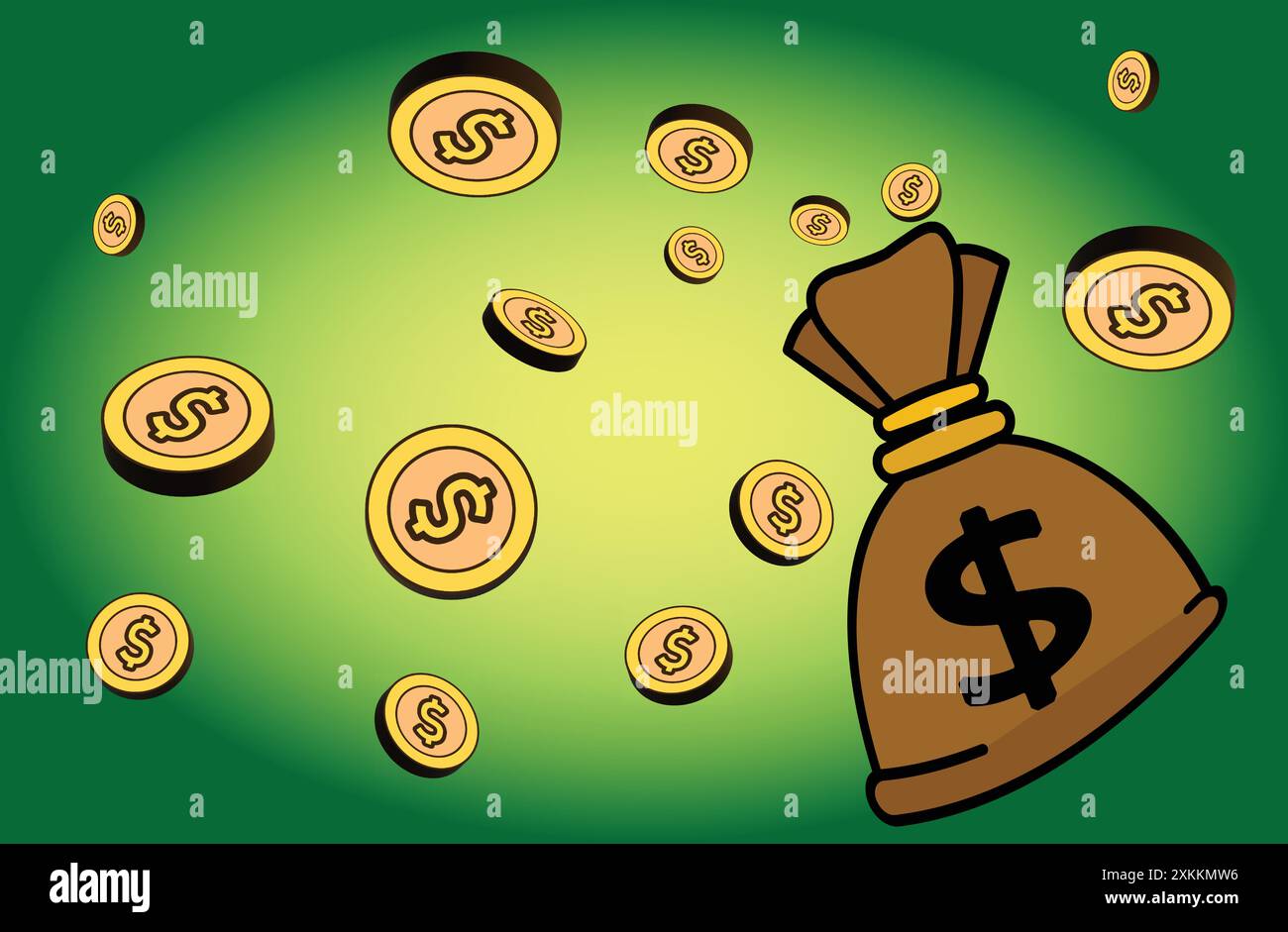 Money bag collecting falling dollar coins on blue background Stock ...