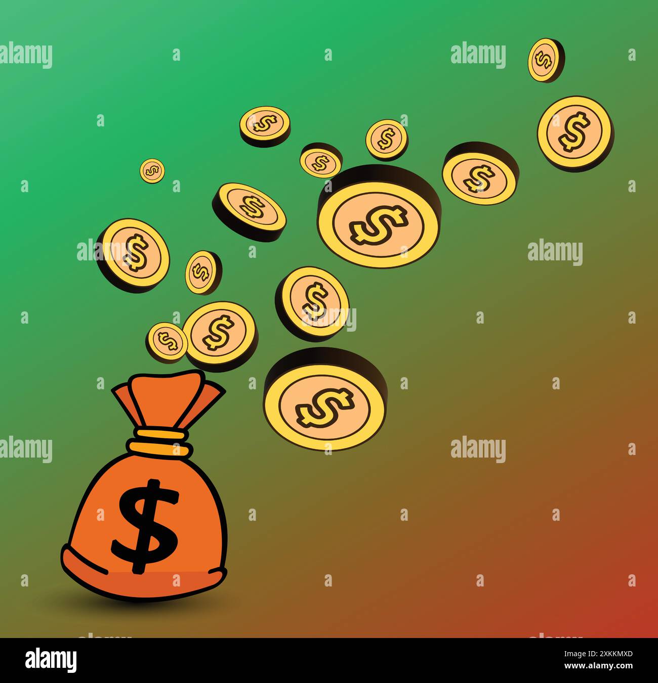 Money bag collecting falling dollar coins on blue background Stock ...