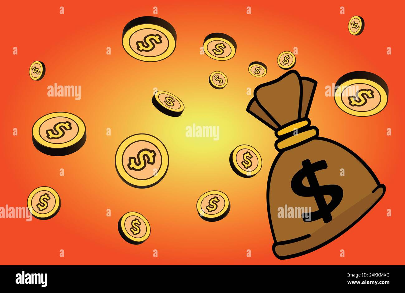 Money bag collecting falling dollar coins on blue background Stock ...