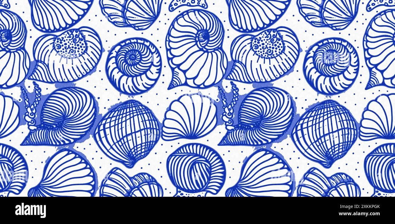 Azure blue white shell motif with linen seamless batik border ...