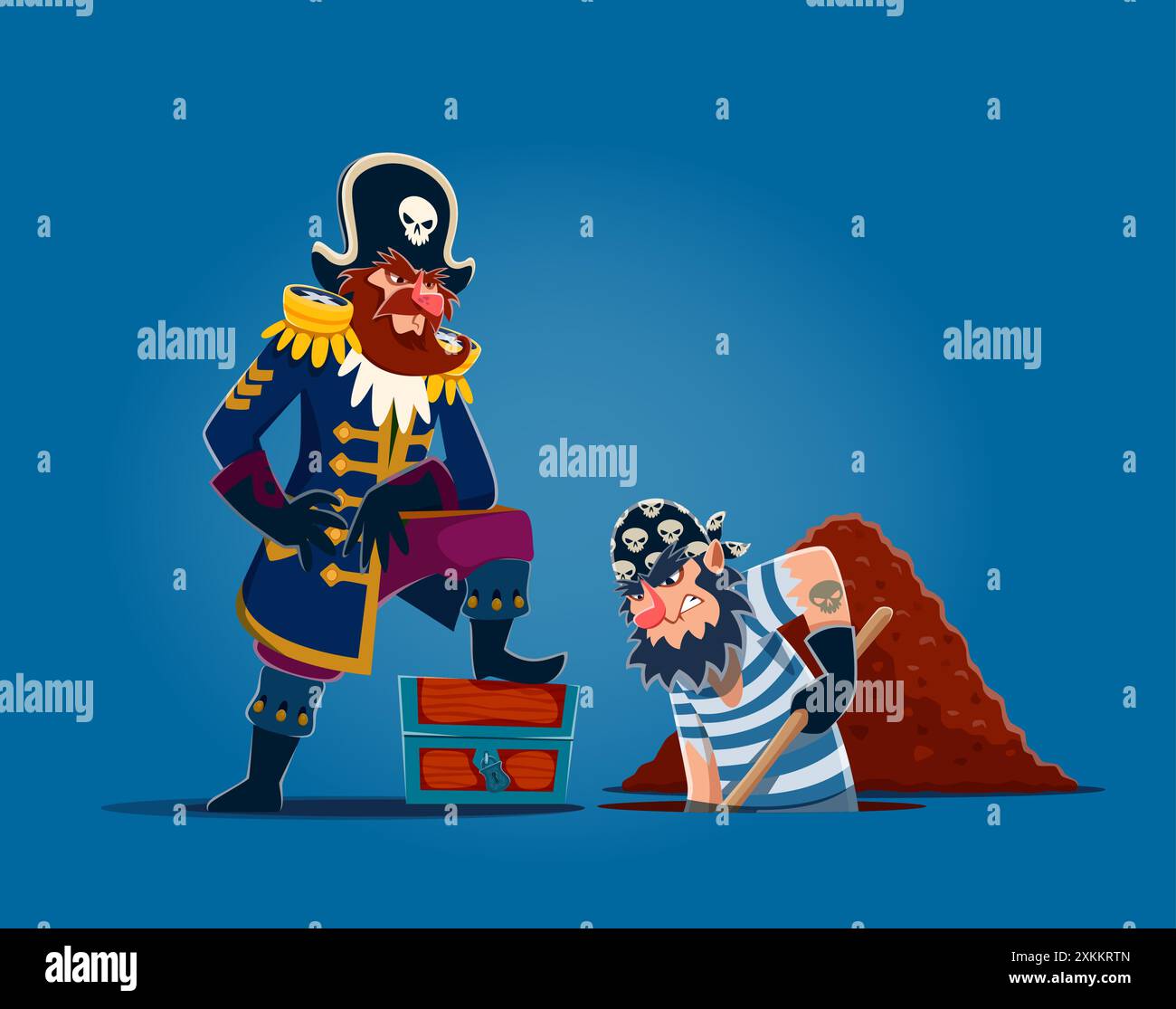 Cartoon pirate captain and corsair sailor burying a treasure. Vector ...