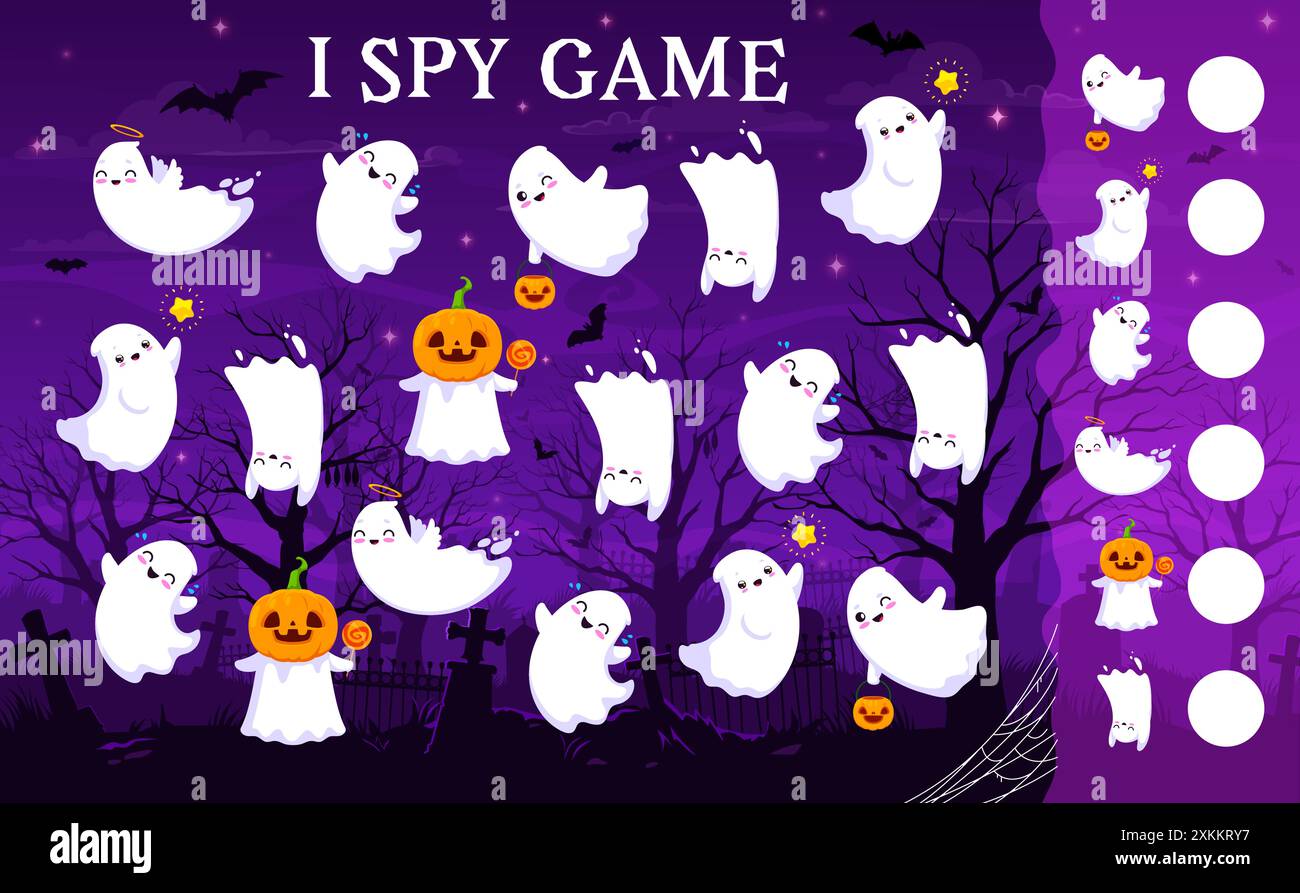 Halloween I spy game worksheet with flying kawaii ghost characters ...