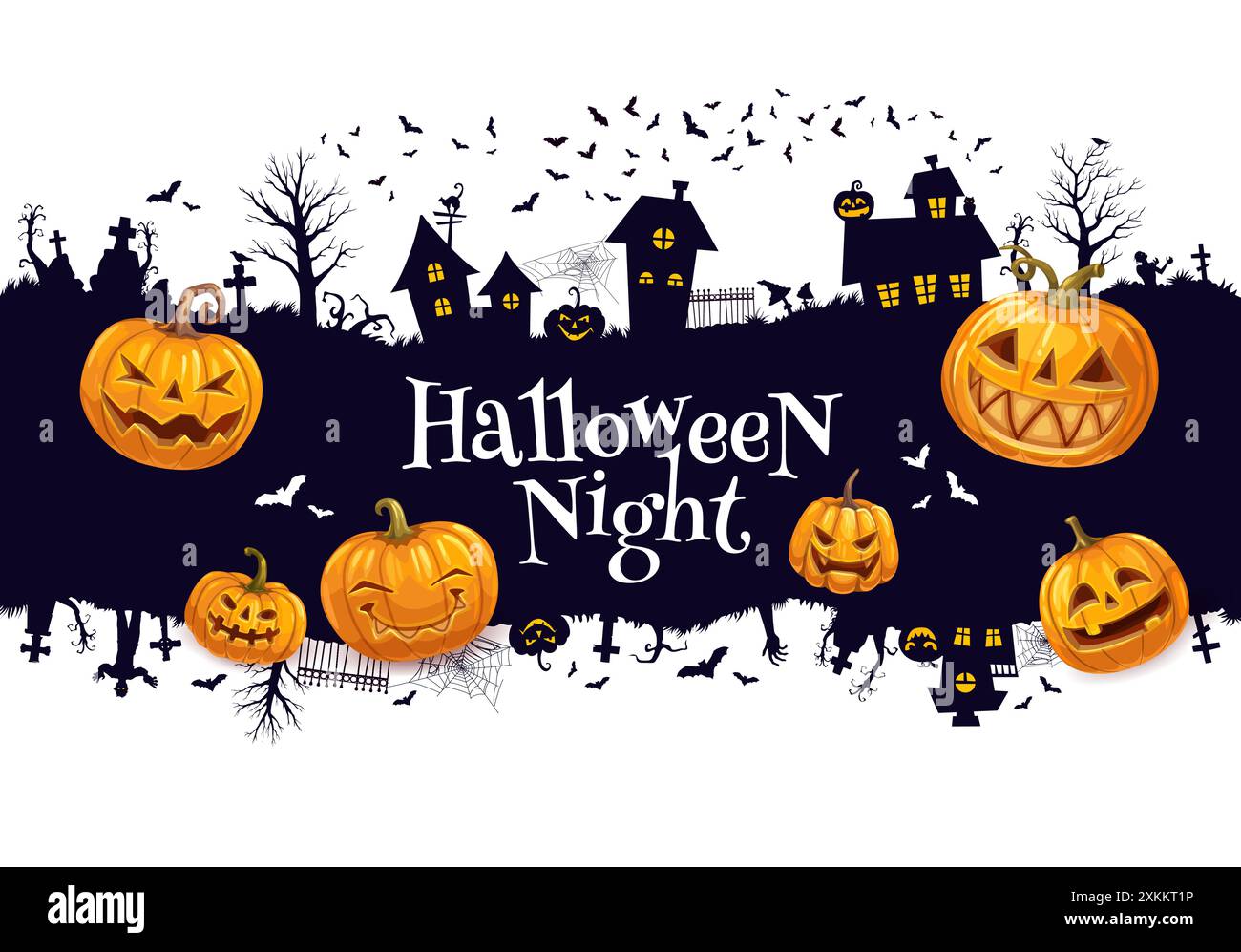 Halloween scary town silhouette with buildings, cemetery and pumpkins ...