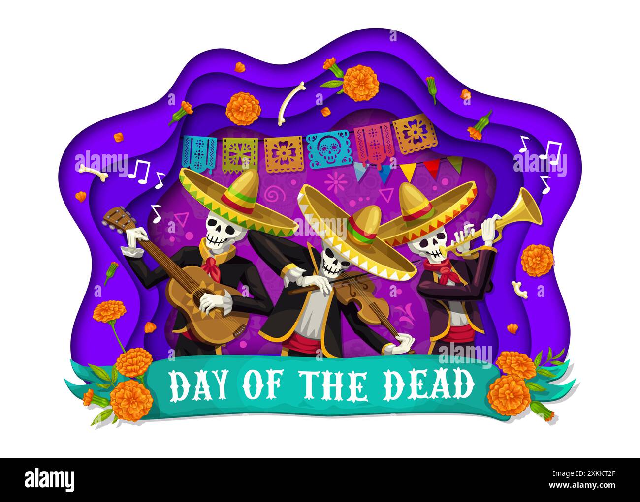 Day of the dead Mexican holiday paper cut banner with mariachi ...