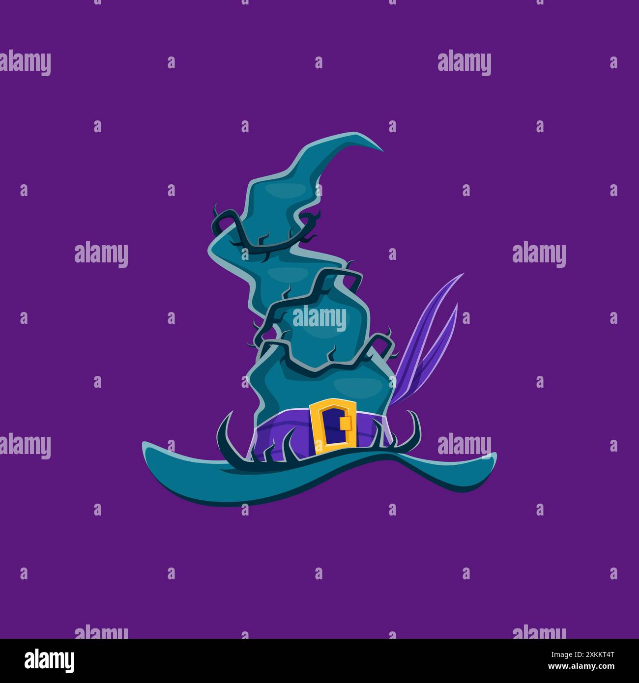 Cartoon Halloween witch hat with feathers, golden buckle and entwined ...