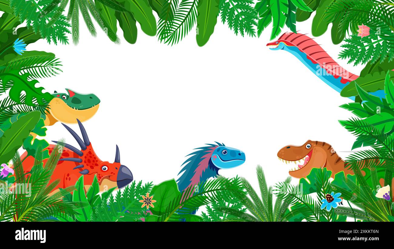 Prehistoric dinosaurs in jungle forest plants frame. Vector rectangular ...
