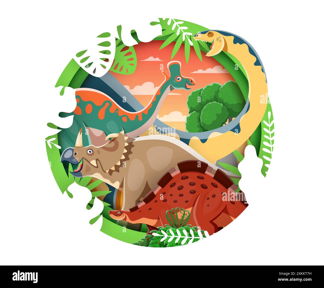 Prehistoric dinosaurs paper cut poster. 3d vector round frame with melanorosaurus, lambeosaurus ...