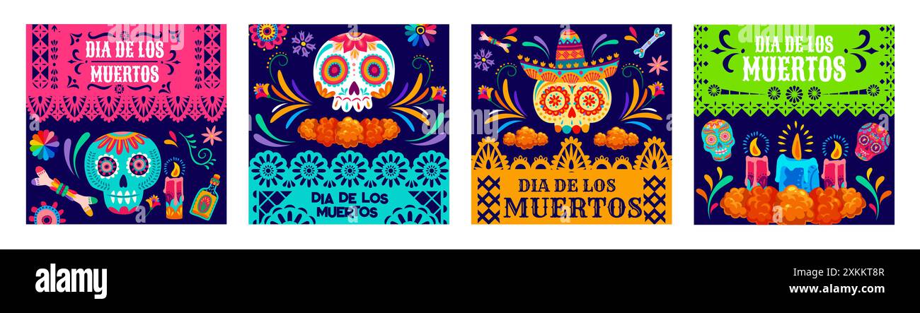 Day of the dead Mexican holiday papel picado paper cut banners. Dia de ...
