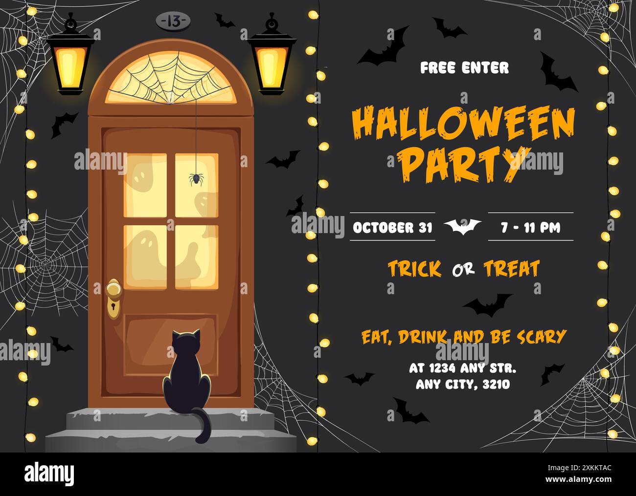 Halloween party flyer with holiday door and porch and black cat front ...