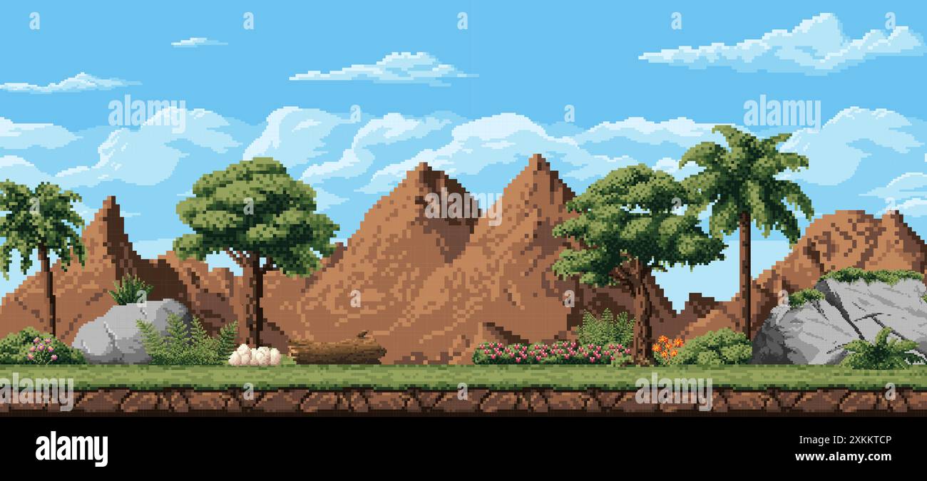 8 bit pixel art prehistoric game landscape with dinosaur eggs in ...