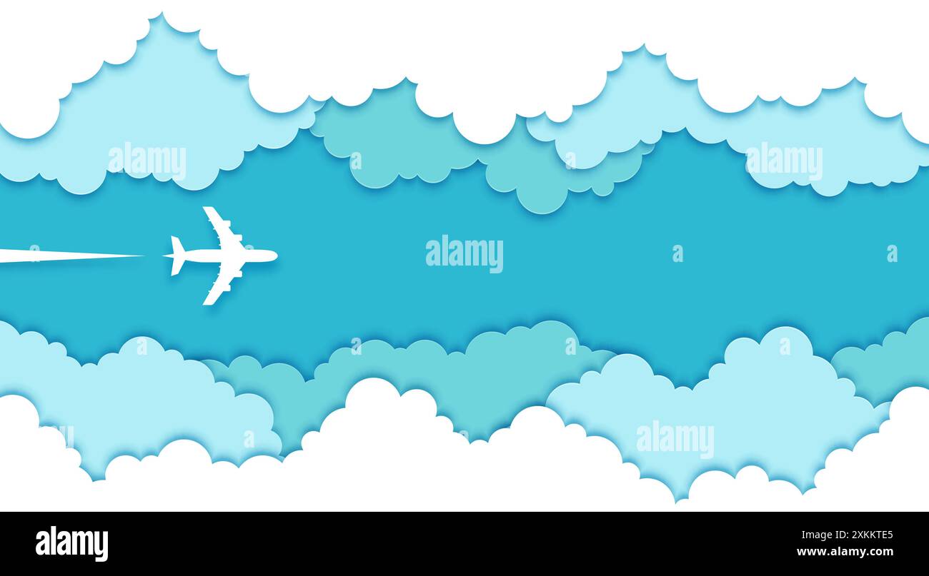 Top view paper cut plane in sky clouds. 3d vector stylized background ...