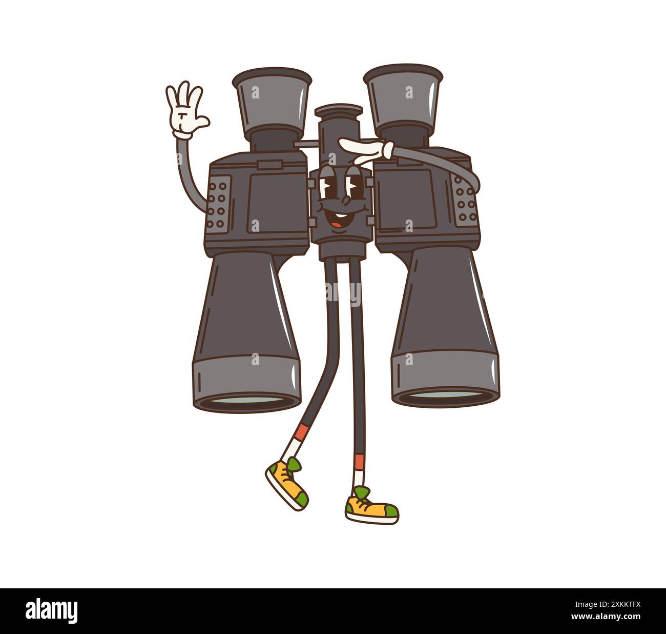 Cartoon binoculars retro groovy travel camp and tourism character ...
