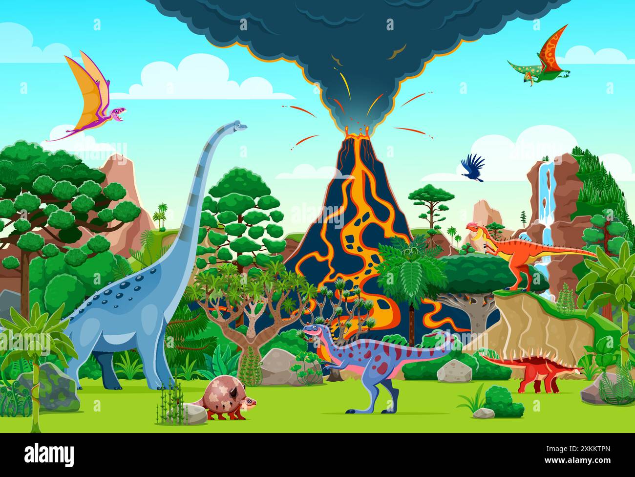 Volcano with lava and prehistoric dinosaurs landscape. Vector Jurassic era scene with volcanic ...
