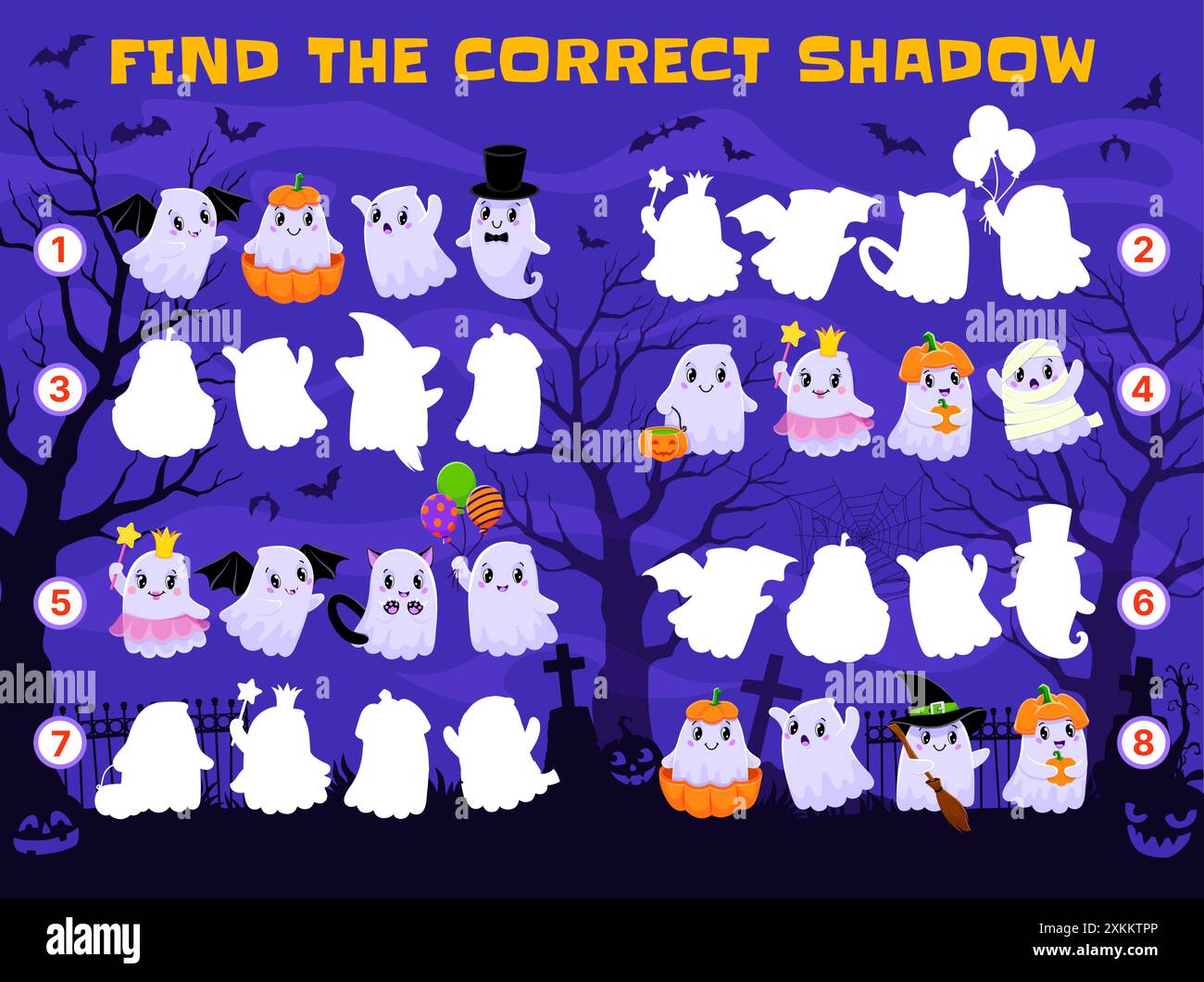 Find the correct shadow of Halloween kawaii ghosts on cemetery. Kids ...