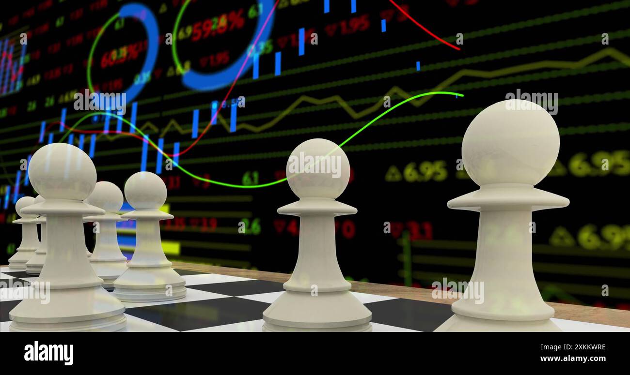 Image of white chess pieces over graphs and charts processing data on ...