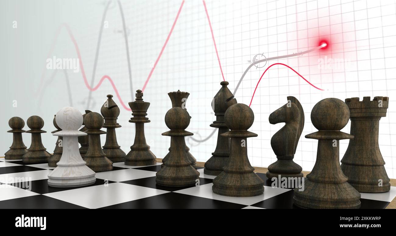 Image of chess pieces on board over graphs processing data on grid ...