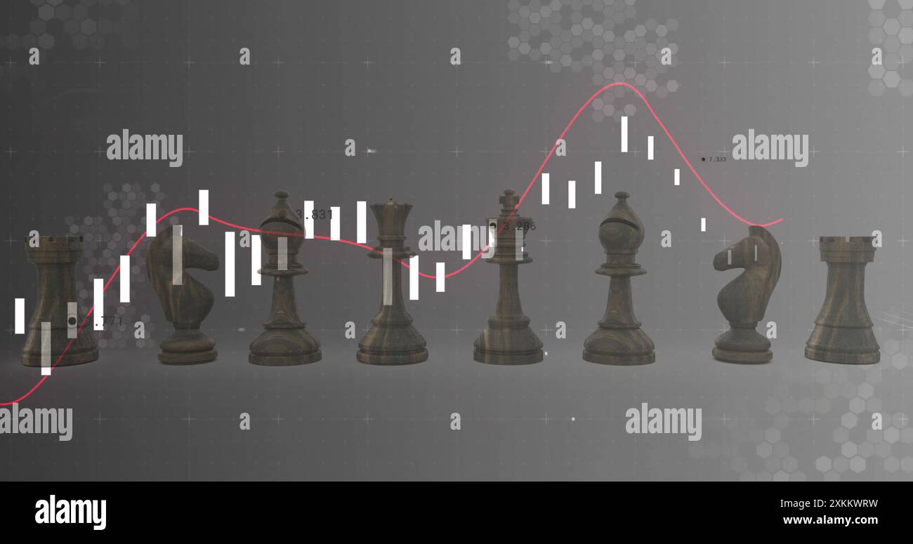 Image of graph processing data over chess pieces on grey background ...
