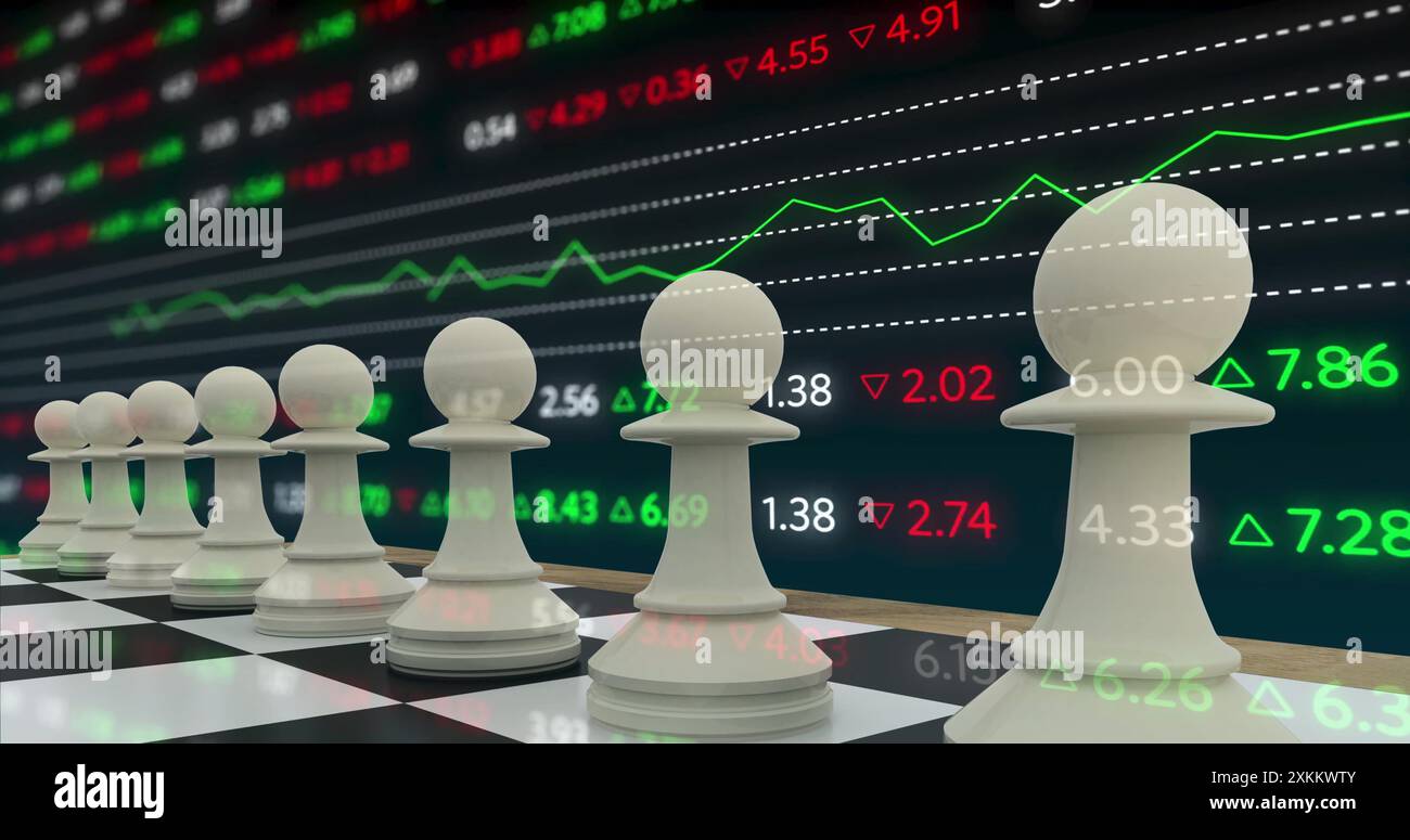 Image of white chess pieces over data processing on black background ...