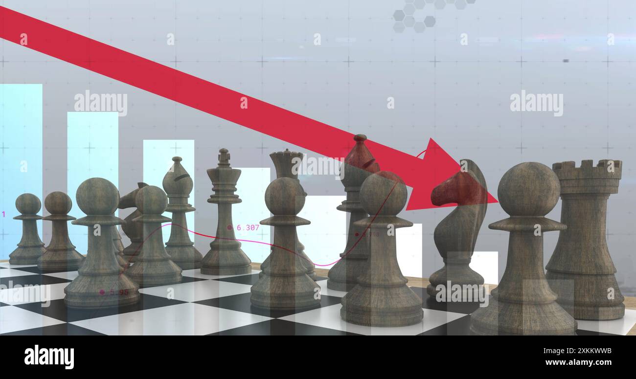 Image Of Downward Arrow Graph And Processing Data Over Chess Pieces On