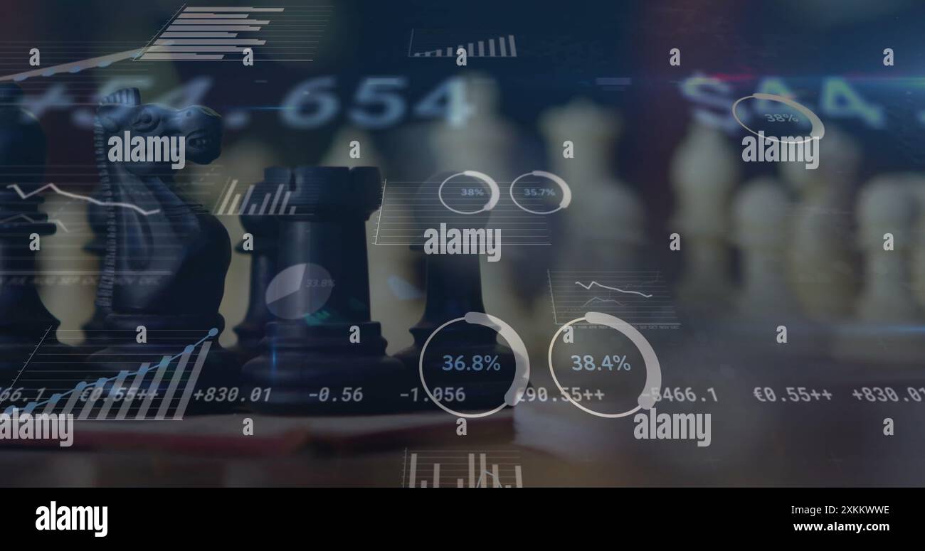 Image of graphs processing data over chess pieces on dark background ...