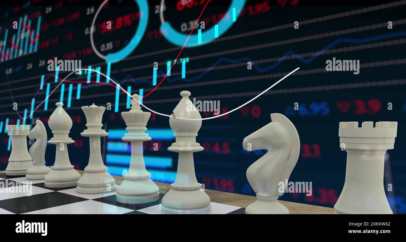 Image of white chess pieces over data processing on black background ...