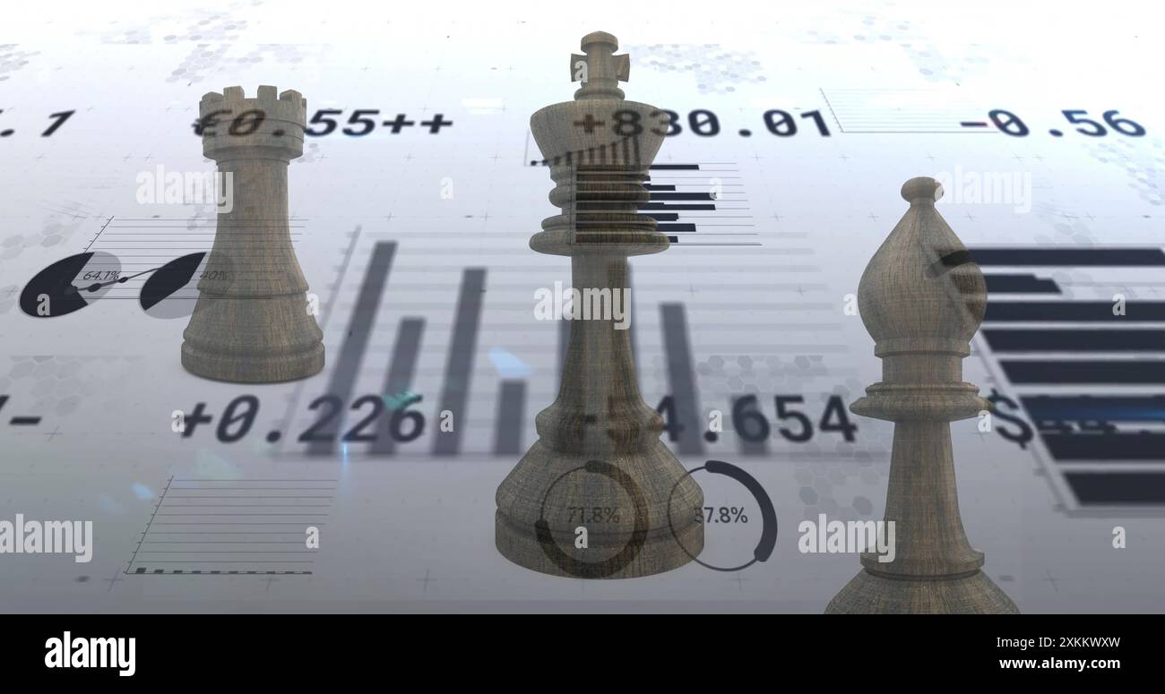 Image of chess pieces over financial data processing on white. Strategy ...