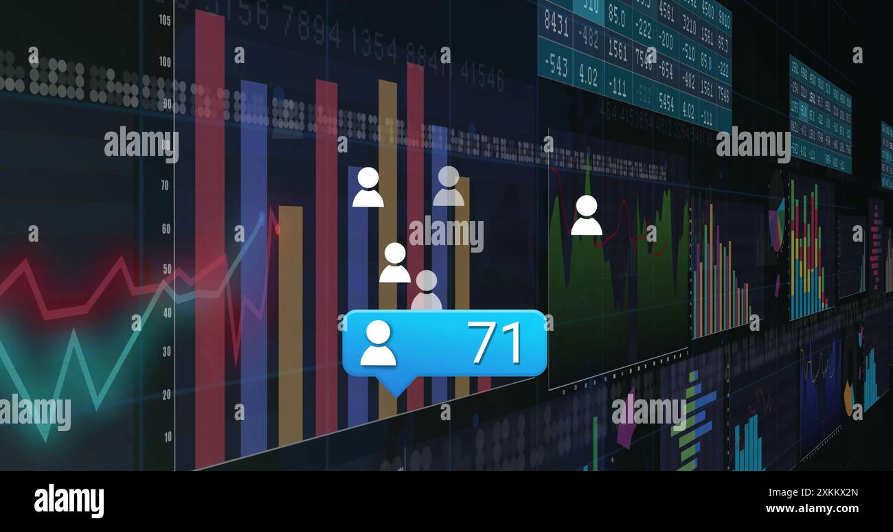 Graphs and user icons with data processing image over financial charts ...