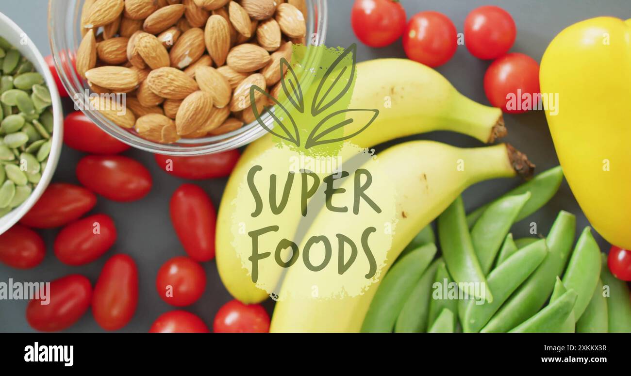Super foods text image over healthy fruits, nuts, and vegetables ...