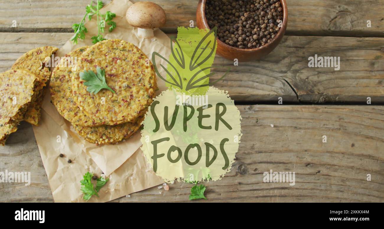 Super foods text image over healthy food ingredients on rustic wooden ...