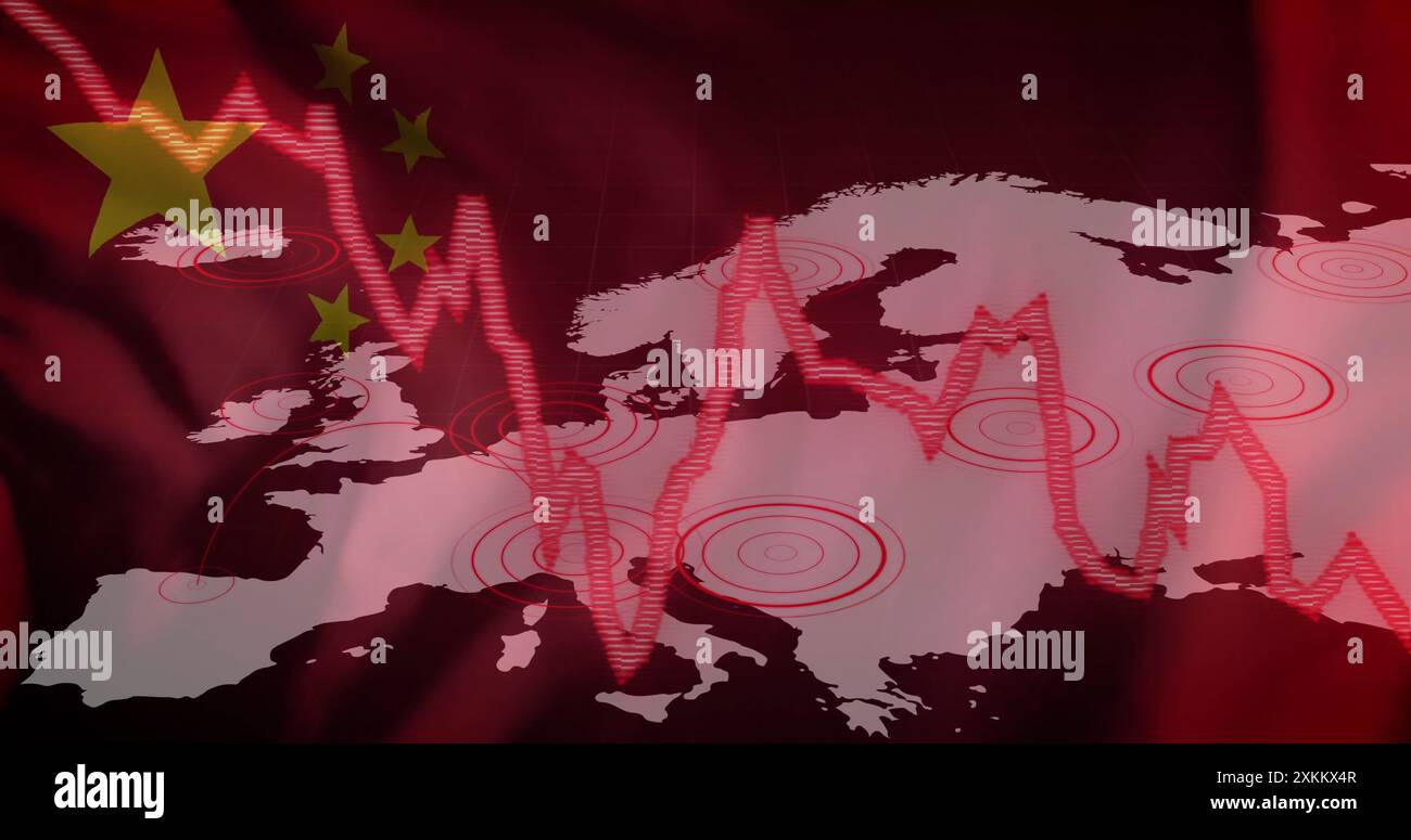 Image of financial data processing over map of europe and flag of china ...