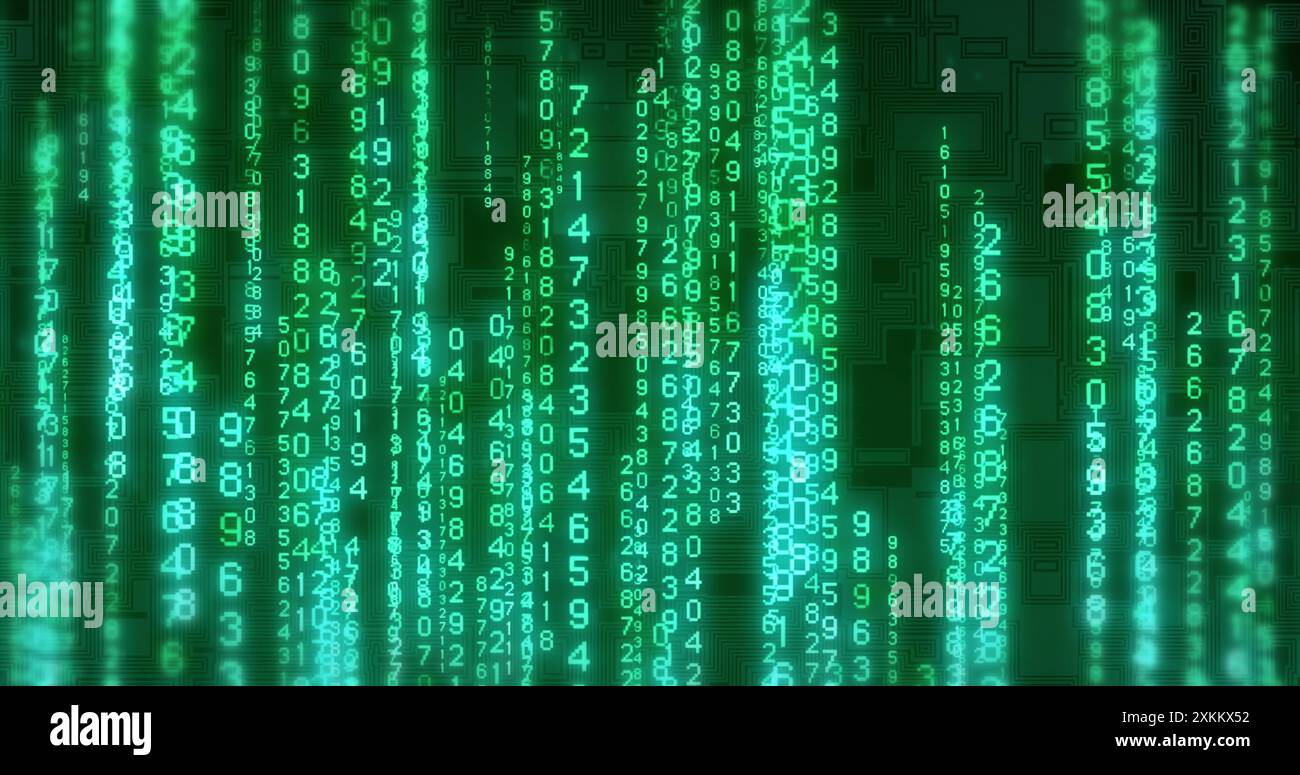 Image of digital data processing and binary coding on black background ...