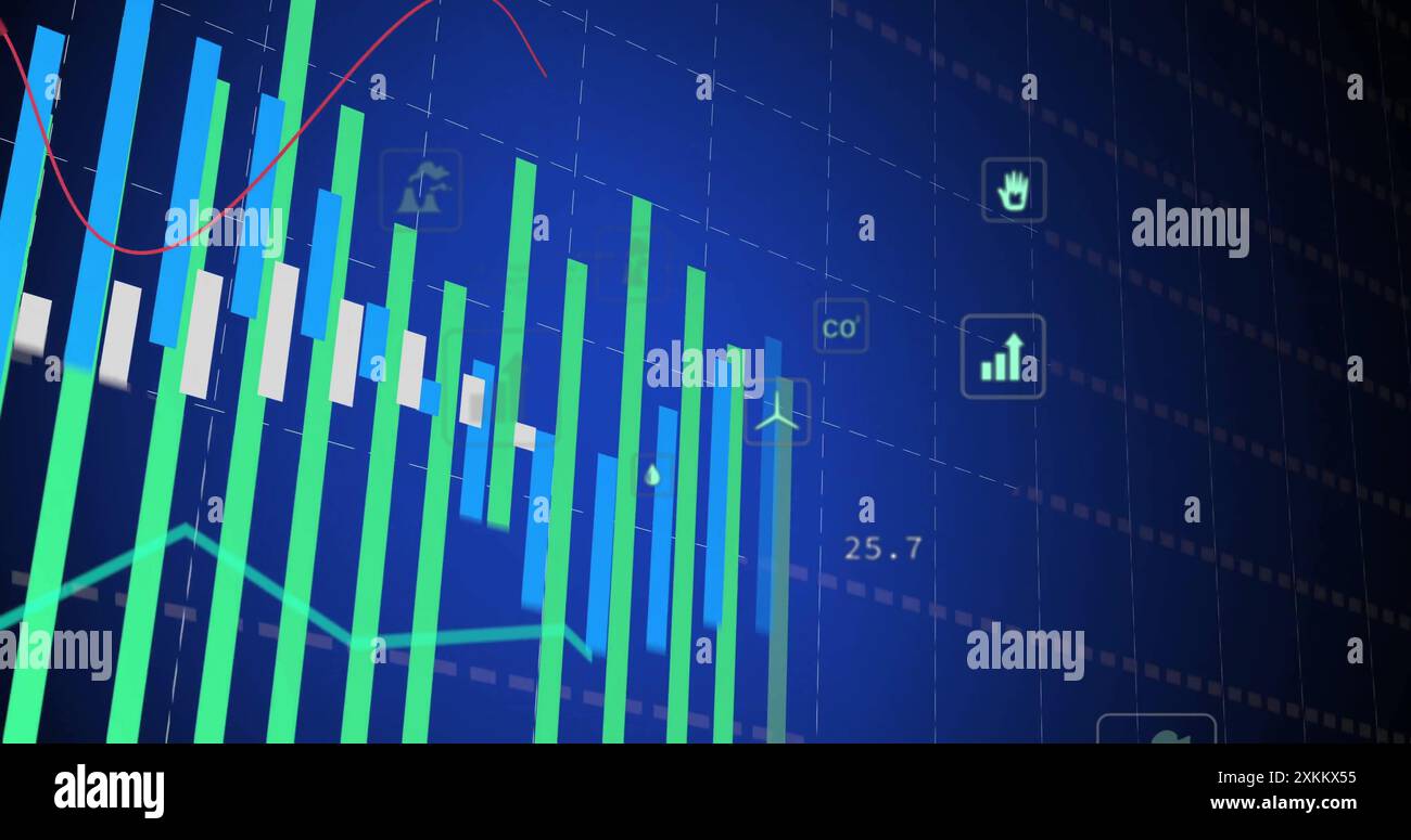 Financial data and environmental icons image over bar and line graphs ...