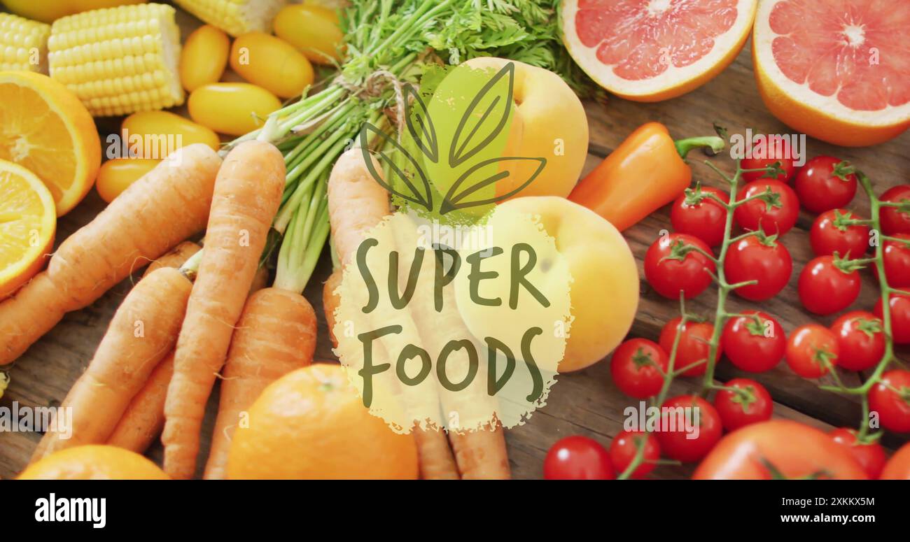 Super Foods text image over fresh fruits and vegetables Stock Photo - Alamy